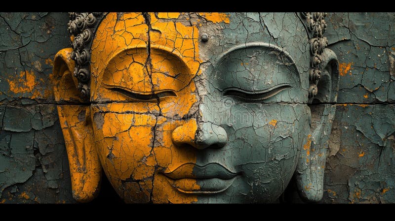 Dual Buddha Face Ancient Wisdom in Weathered Stone Stock Illustration ...