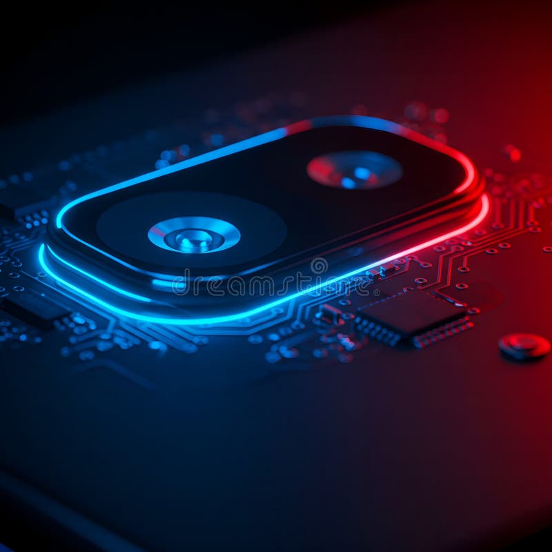 Dual-Camera Module on Circuit Board with Blue and Red LED Lights ...