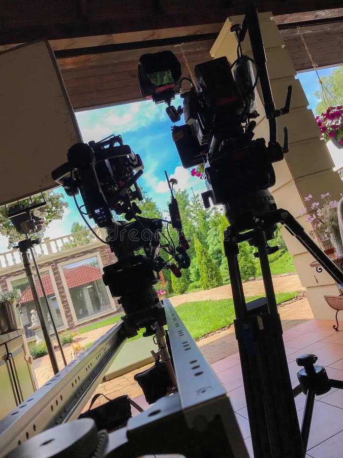 Dual Camera Shooting. One Camera on a Slider, Second on a Tripod Stock ...