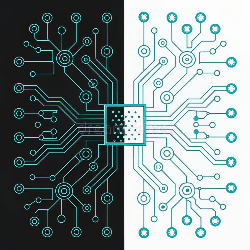 Dual Circuitry Teal Lines, Black and White Background, Binary Concept ...