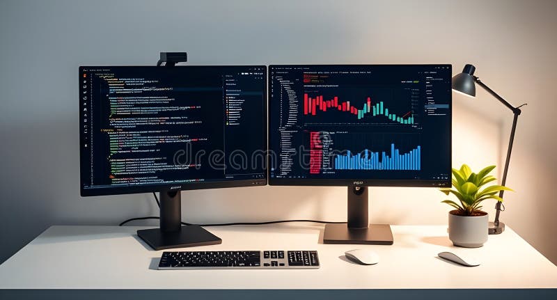 Dual Computer Monitors on a Desk Display Code and Data Visualizations ...