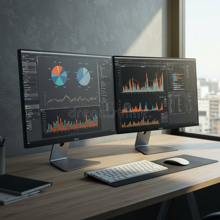 Dual Computer Monitors Display Colorful Data Visualizations, Including Pie Charts an Stock ...