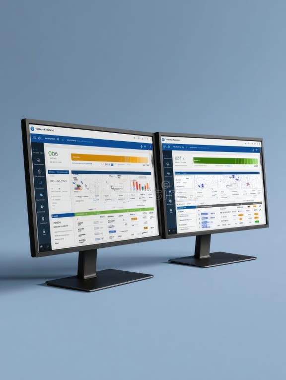 Dual Computer Monitors Displaying Data Analytics Dashboard with Color-Coded Graphs and Charts ...