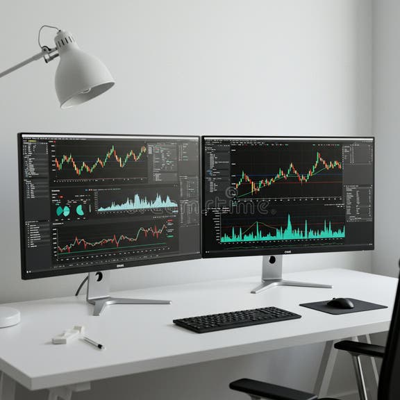 Dual Computer Monitors on a White Desk Display Financial Data with ...