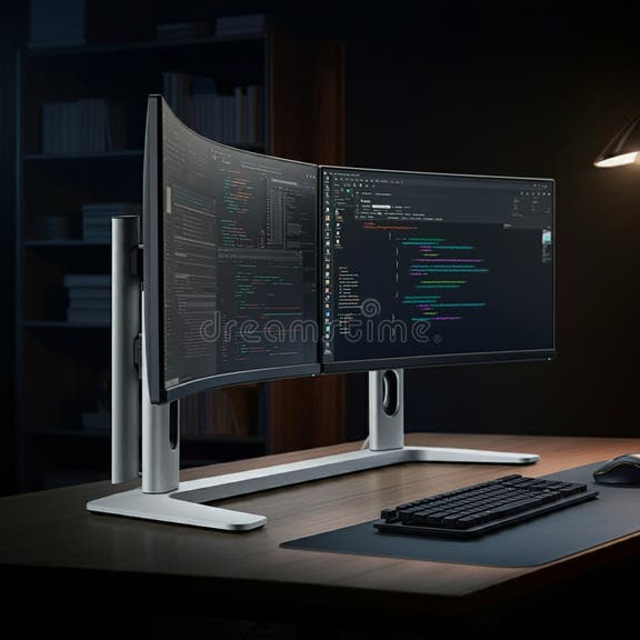 Dual Curved Monitors Display Lines of Code in a Dimly Lit Workspace ...