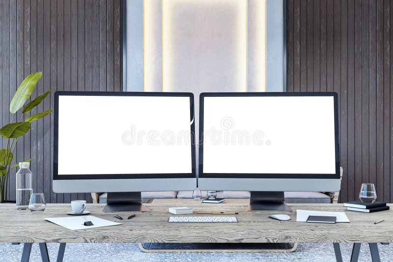 Dual Desktop Computer Screens with Blank Mockups on a Wooden Desk in a ...