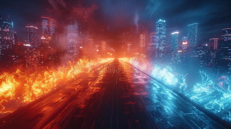 Dual Element City: Fire and Ice - Generative Ai Stock Illustration ...