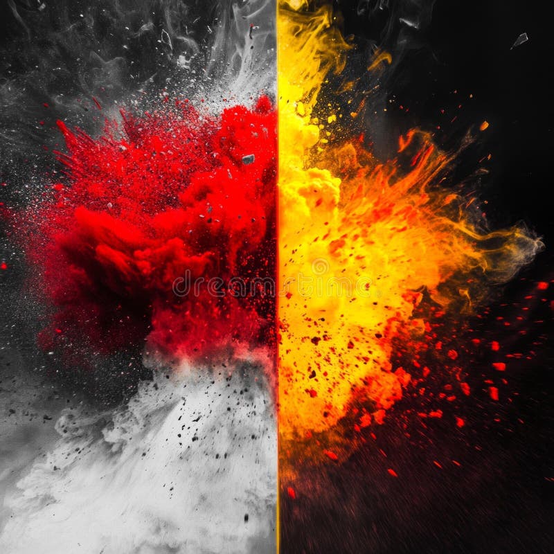 Dual Explosion of Red and Yellow Colors in High Contrast Visual Split ...