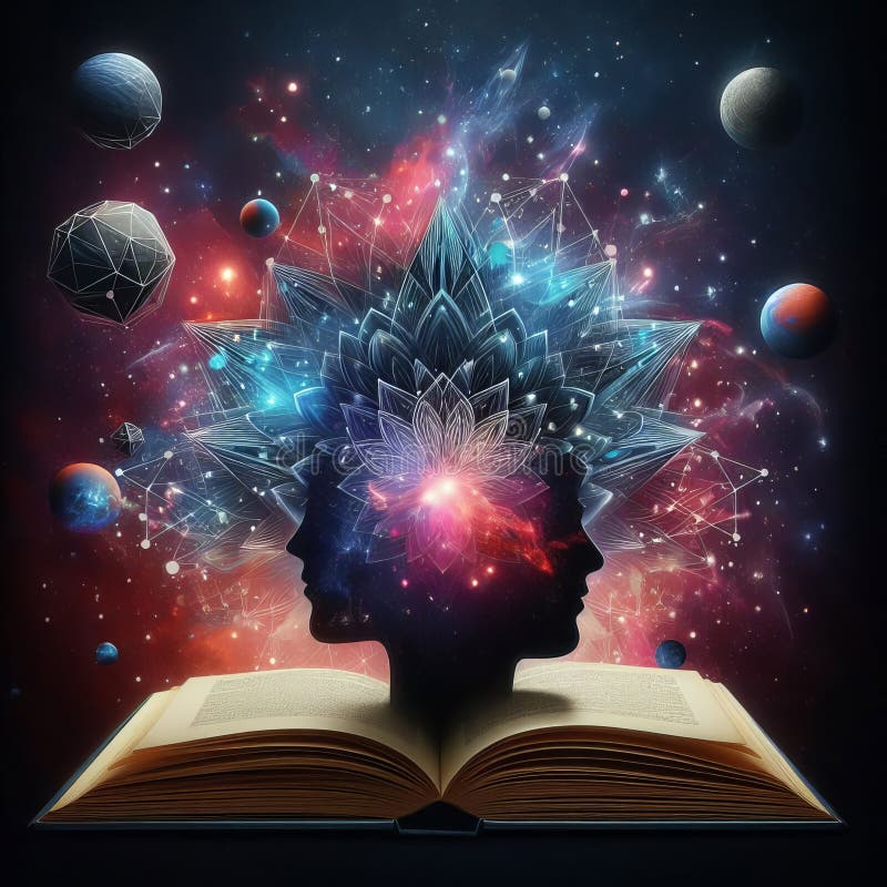 Dual Faces with Cosmic Mind and Open Book Stock Photo - Image of fusion ...