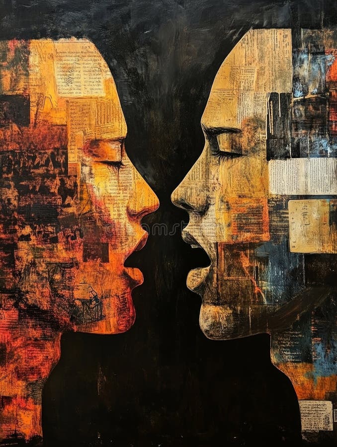 Dual Faces in Profile Collage with Textures and Warm Hues Stock Photo ...