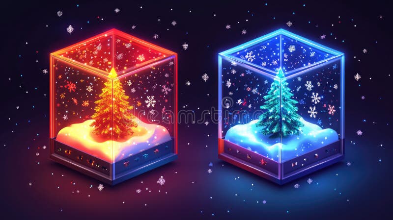 Dual Glowing Christmas Trees in Red and Blue Cubes Surrounded by ...