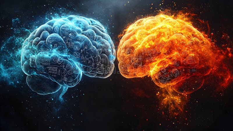 Dual Human Brain with Fire and Ice Energy Elements Stock Illustration ...