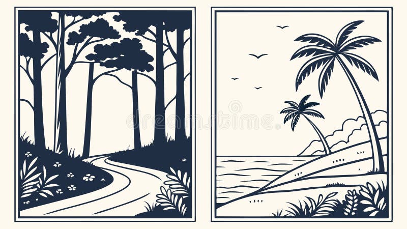 Dual Landscape: Forest Path and Tropical Beach, Vector Design ...
