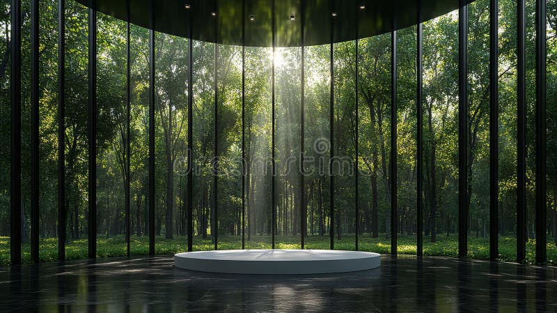 A Dual-level Display Featuring a Dense Forest Landscape, Sleek Modern ...