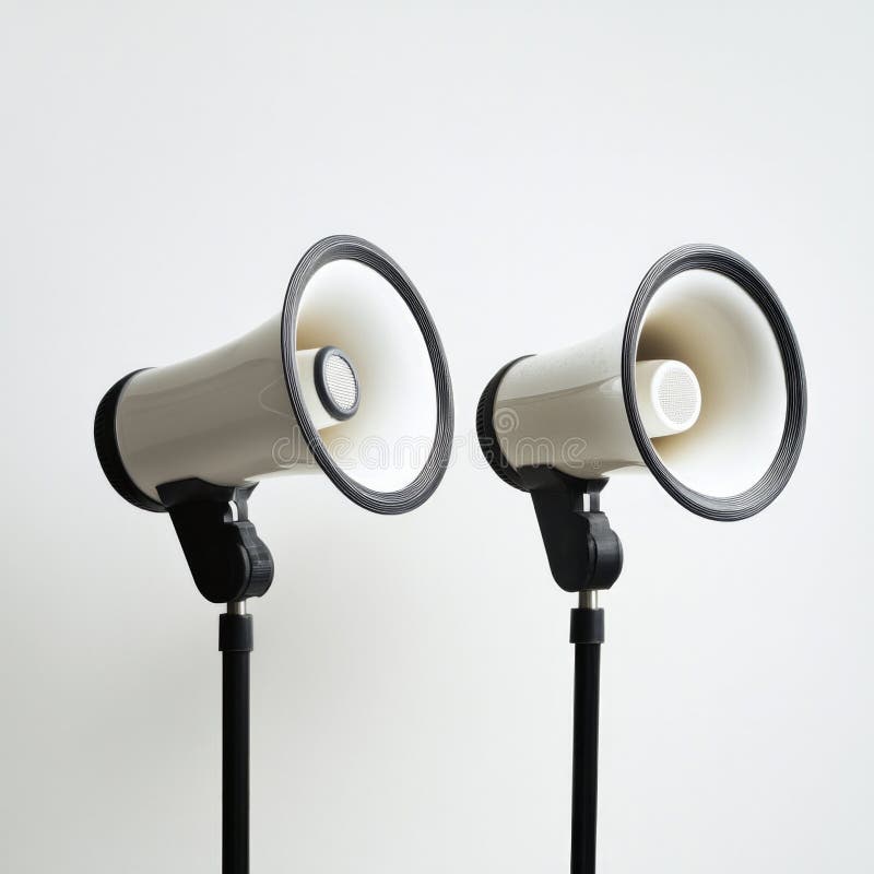 Dual Megaphones on Stands Against Plain Background for Communication ...