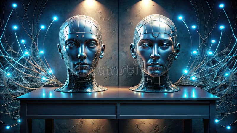 Dual Metallic Android Heads Displayed on a Dark Console, Illuminated by ...