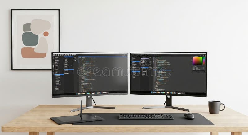 Dual Monitor Setup with Coding Projects on Modern Workspace Desk Featuring a Graphics Tablet ...