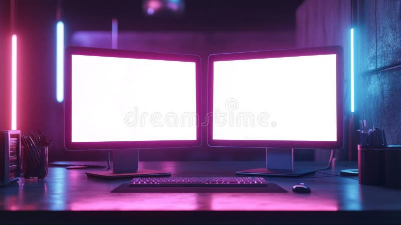 Dual Monitors with Bright Neon Lights on Desk Stock Illustration ...