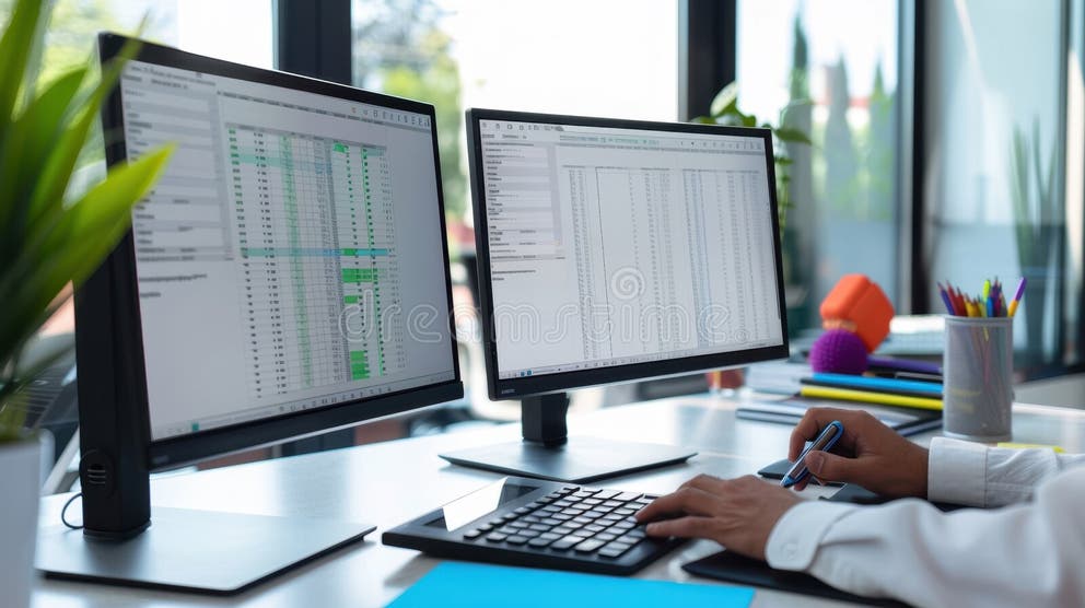 The Dual Monitors Desk Setup.AI Generated Image Stock Image - Image of ...