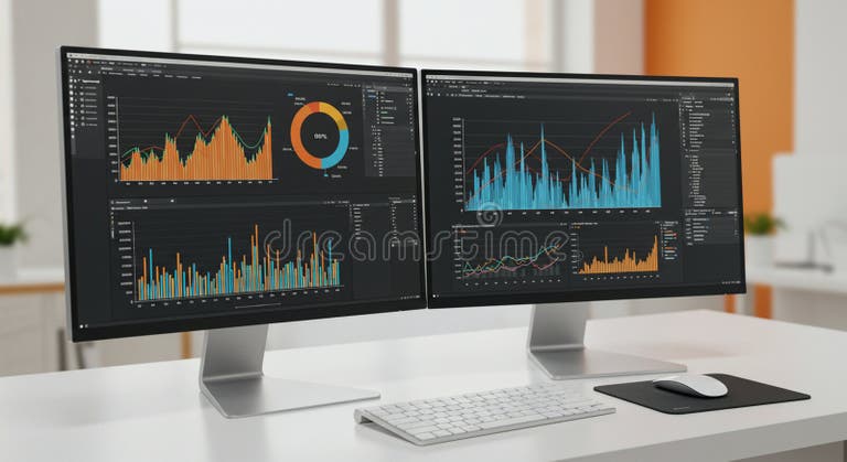 Dual Monitors Display Data Visualizations, Including Bar and Line ...
