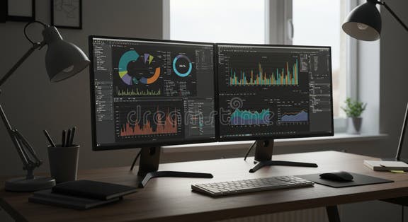 Dual Monitors Display Various Data Analytics, with Charts and Graphs ...