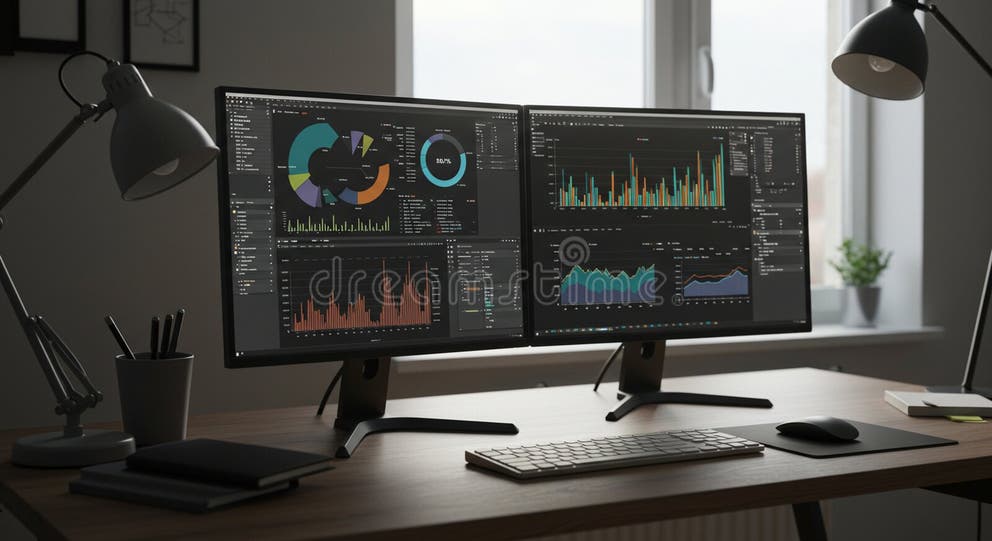 Dual Monitors Display Various Data Analytics, with Charts and Graphs, Including Pie and Stock ...