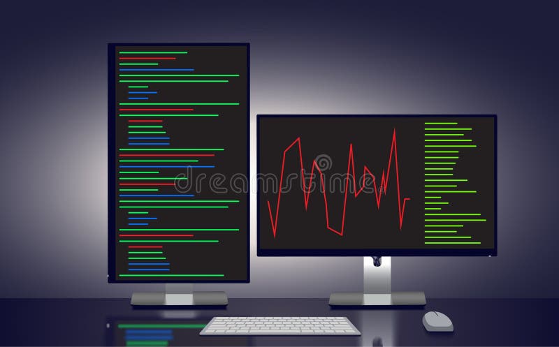 Dual Monitors Displaying Code and Data Analysis Stock Vector - Illustration of graphical ...