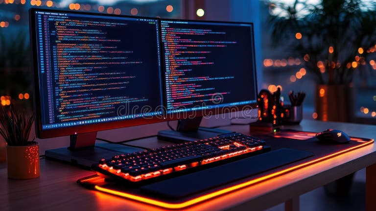 Dual Monitors Displaying Coding in a Modern Workspace Stock ...