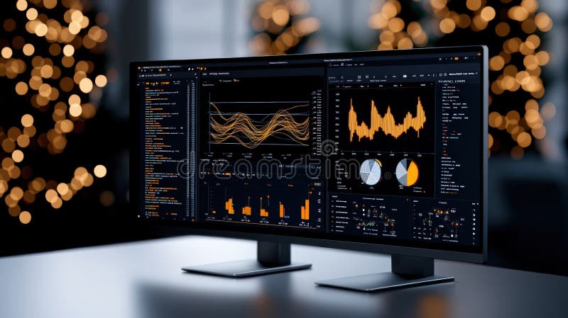 Dual Monitors Displaying Data Analytics On A Modern Workspace Stock Illustration Illustration