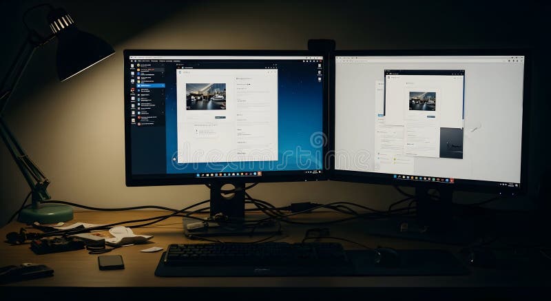 Dual Monitors on Office Desk with Lamp and Keyboard at Night Stock ...