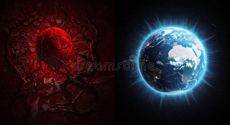 Dual-panel Image with Contrasting Themes. Left Side: a Red, Cracked Orb ...