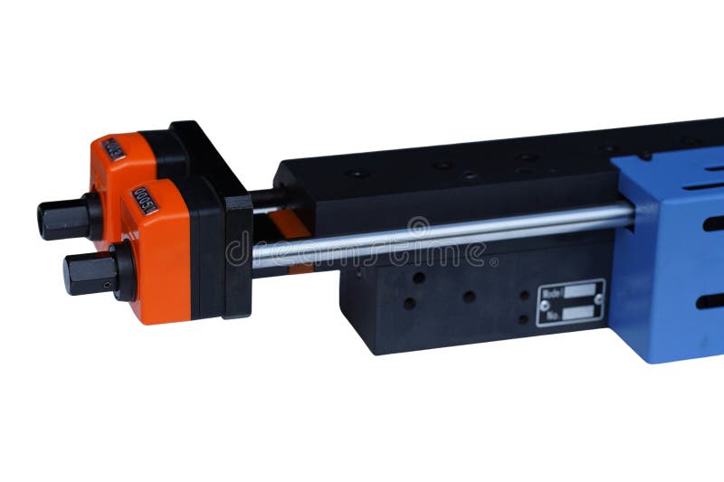 Dual-Rod Linear Guide System with Orange End Blocks and Mounting Base ...