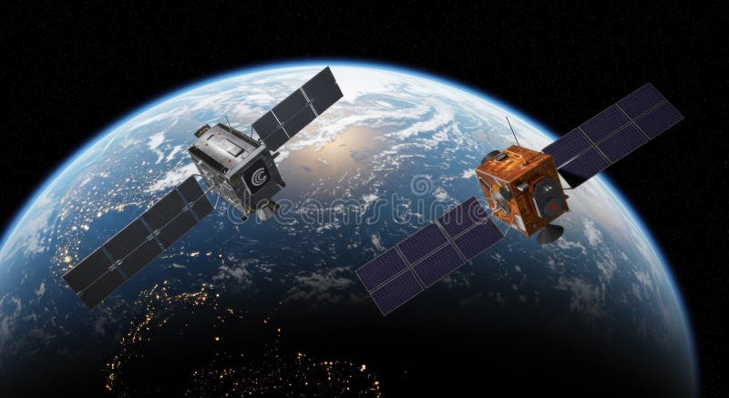 Dual Satellites Orbiting Earth Stock Illustration - Illustration of ...