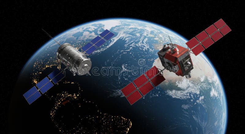 Dual Satellites Orbiting Earth Stock Illustration - Illustration of ...
