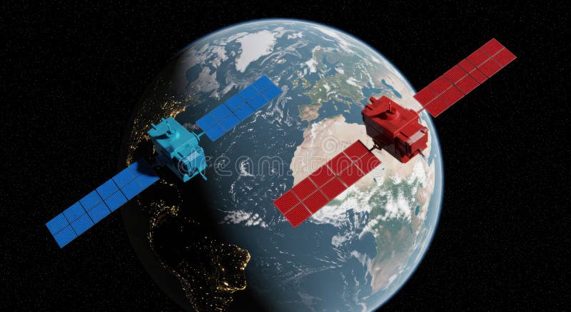 Dual Satellites Orbiting Earth Stock Illustration - Illustration of ...