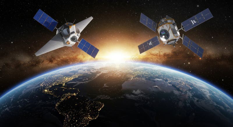 Dual Satellites Orbiting Earth Stock Illustration - Illustration of ...