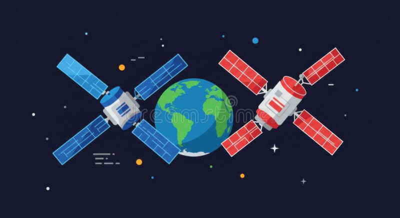 Dual Satellites Orbiting Earth Stock Illustration - Illustration of ...