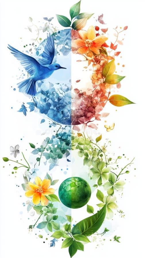 Dual Seasons: Vibrant Floral Transition with Bird and Earth Elements ...