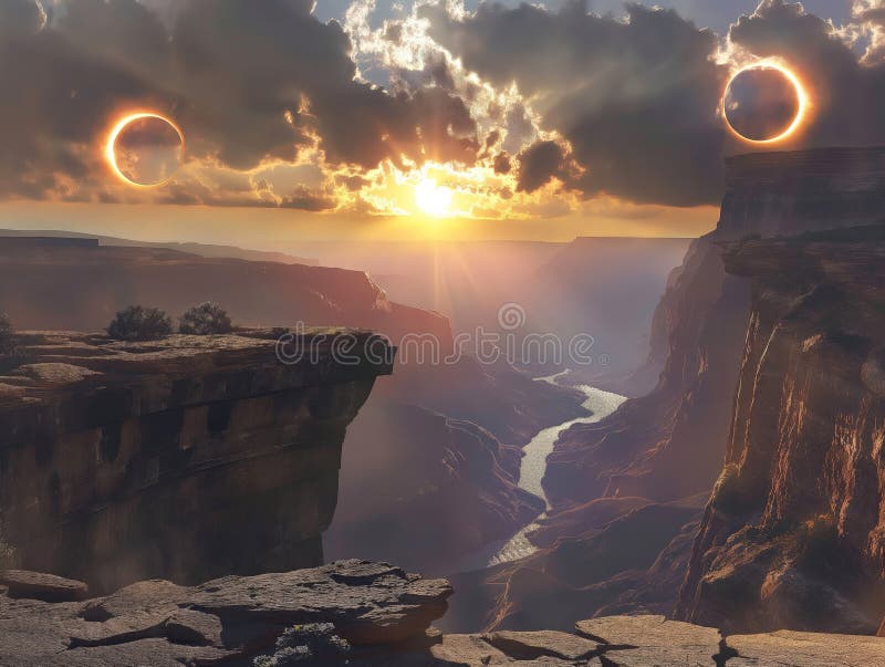 Dual Solar Eclipse Over Canyon Stock Image - Image of light, river ...