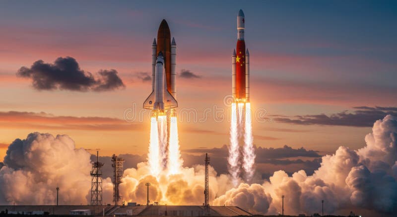 Dual Space Launch at Sunset Stock Illustration - Illustration of tower ...