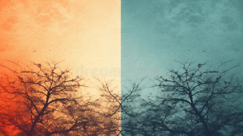 Dual-tone Silhouette of Bare Trees Against Orange and Teal Gradient Sky ...