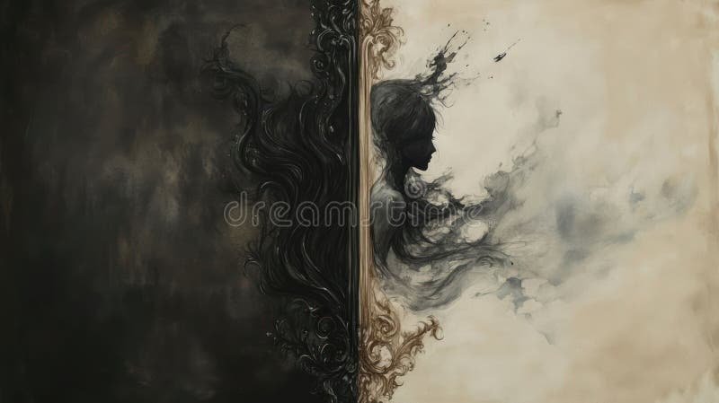 Mysterious Woman, Dark and Light Watercolor Painting, Soul Split, Dual ...
