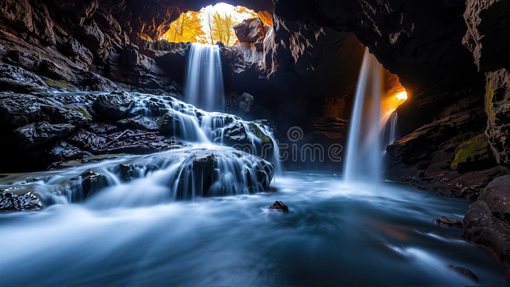 Dual Waterfalls in a Cavernous Setting. AI Generation Stock Photo ...