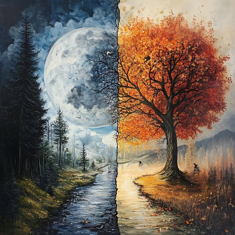 Dualistic Serenity a Night and Autumn Landscape Divided by a Single ...