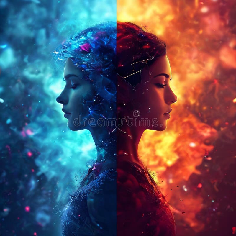 Duality Concept with Split Portrait of Fire and Ice Stock Illustration ...