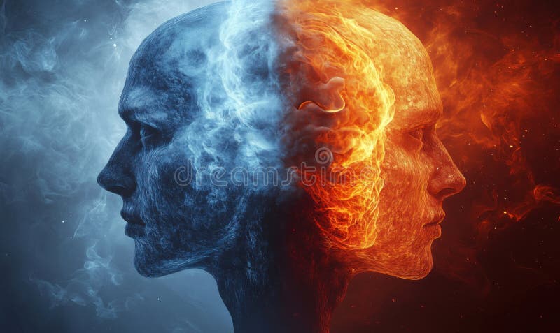Duality of Elements Represented by Fire and Ice in Human Faces Stock ...