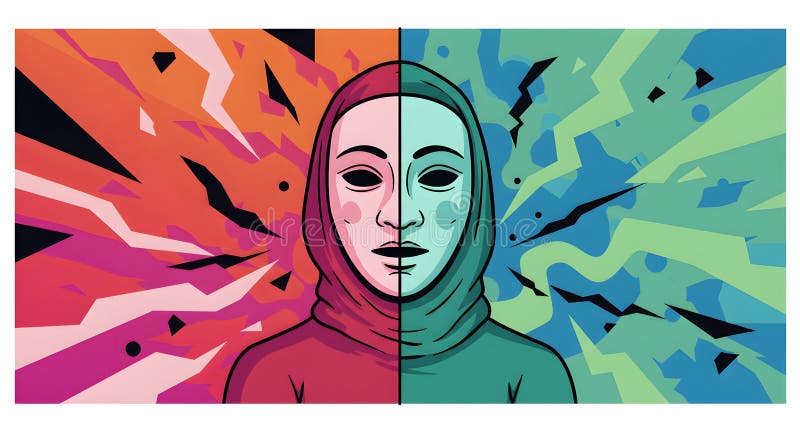 Duality Mask: Two Sides of a Face, Red Vs. Green Stock Illustration ...