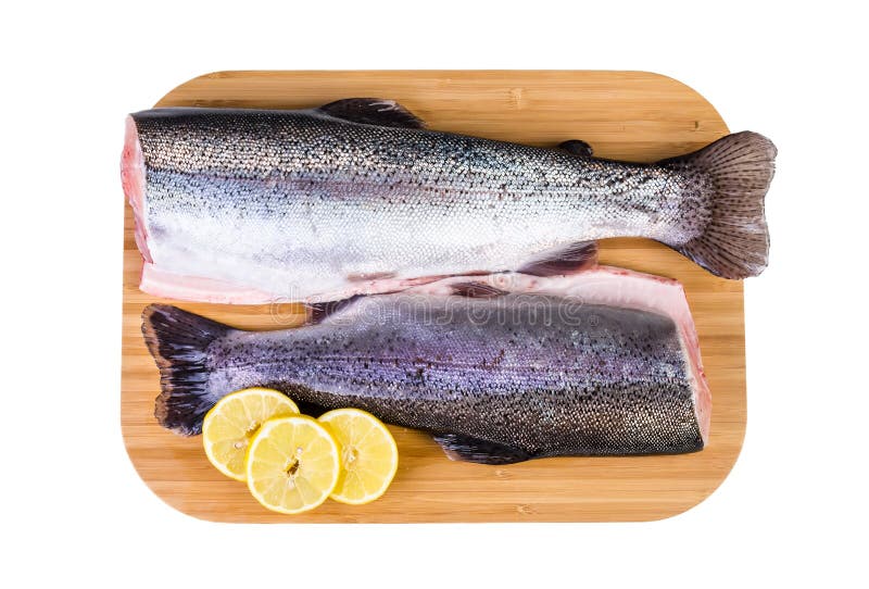 Duas Trutas Na Placa De Madeira Isolada No Fundo Branco Imagem de Stock ...