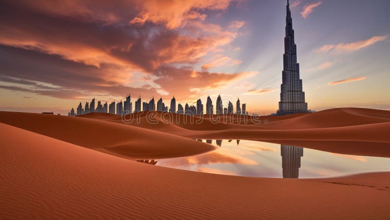 Dubai Burj Khalifa with a Desert Horizon and Downtown Skyline Stock ...