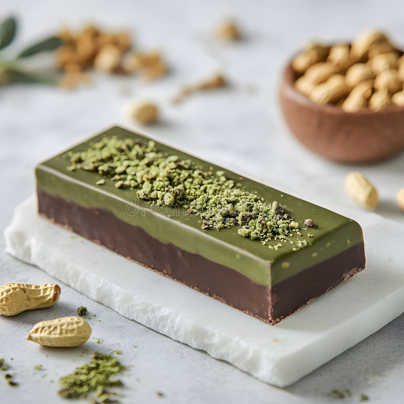 Dubai Chocolate Bar with Green Kadayif and Peanut Butter on White Stone ...